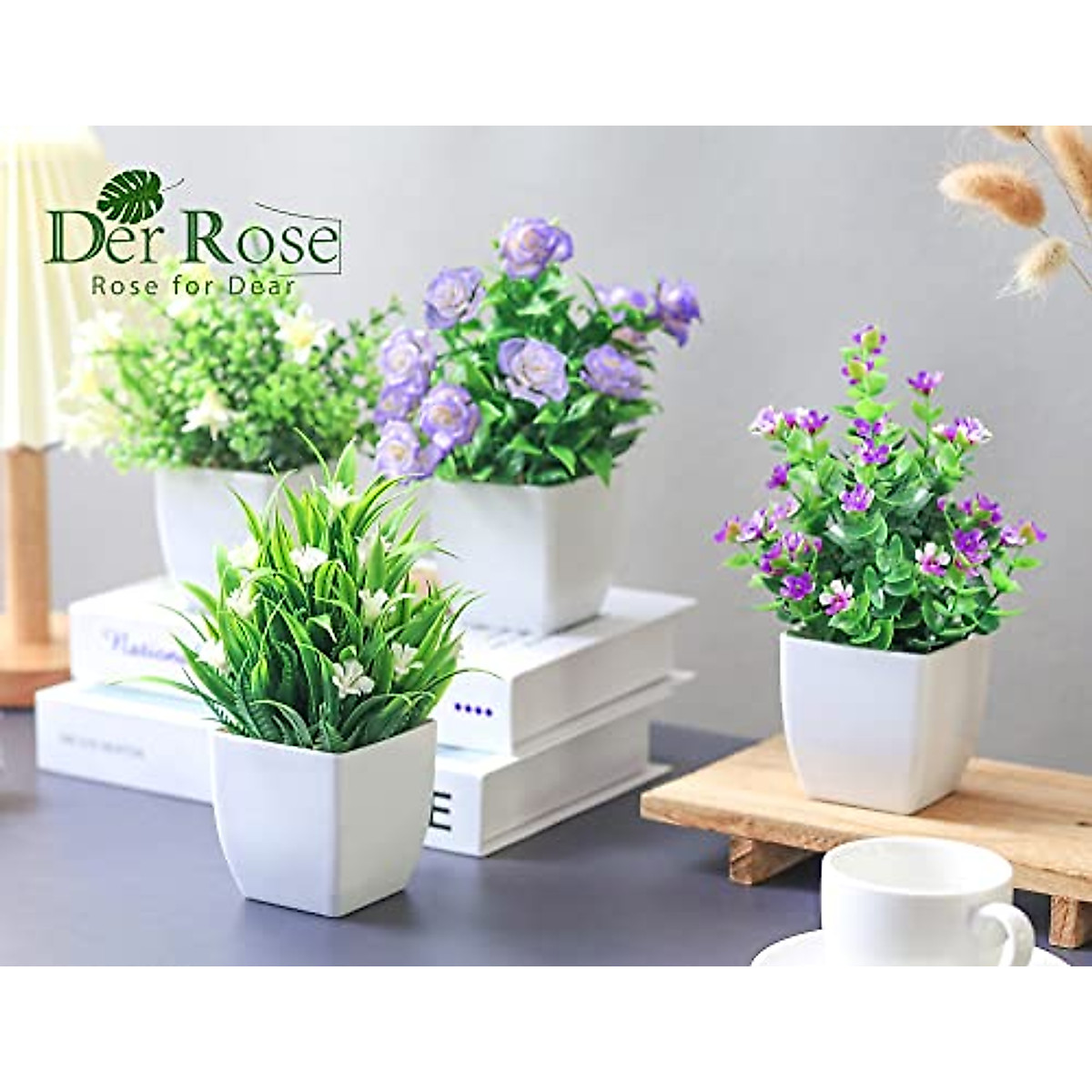 Der Rose 4 Packs Small Fake Plants Mini Artificial Faux Plants with Flowers for Home Room Farmhouse Bathroom Decor Indoor
