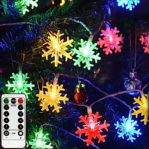 Abkshine 25Ft 50 LED Battery Powered Snowflake Fairy Lights, Warm White and Color Changing Christmas Fairy Lights for Xmas Tree, Bedroom, Wedding, Party, Patio, Yard, Room Decor