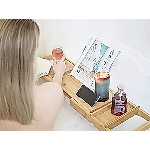 ModernTropic Home and Spa Bamboo Bathtub Caddy and Tray Expandable Non-Slip Wooden Bath Tray Securely Holds Drinks, Book/Tablet, Accessories, Phone