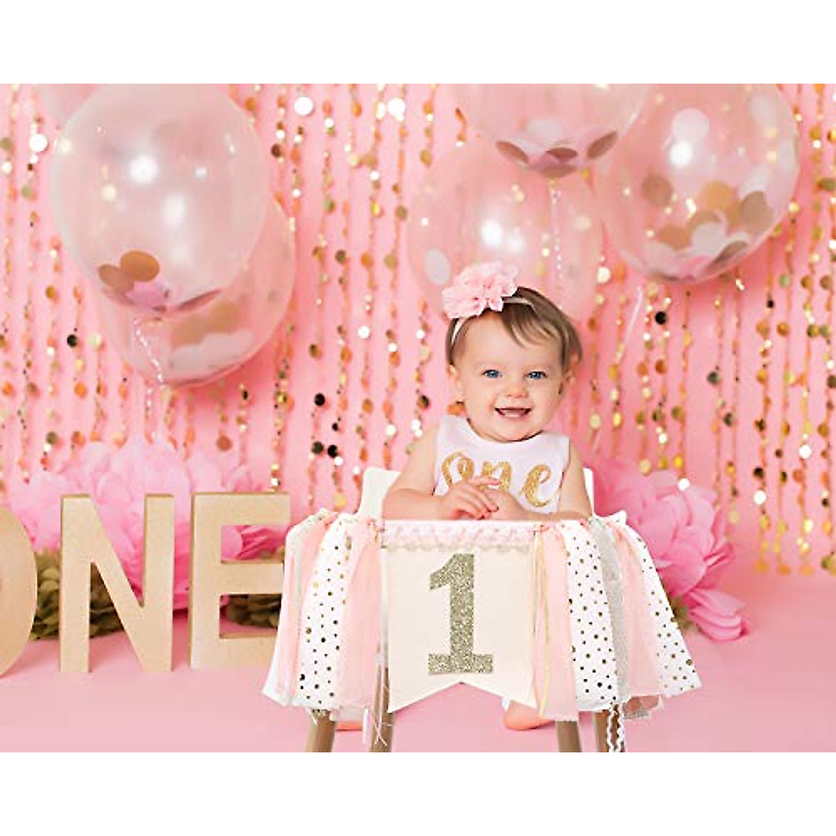 1st Birthday Banner For Baby - Pink Party Theme Pull Flag，highchair Banner - Flag On The Cake, Birthday Banner - Photo Booth Props, Cute Party Favor Supplies (Pink 1st banner)