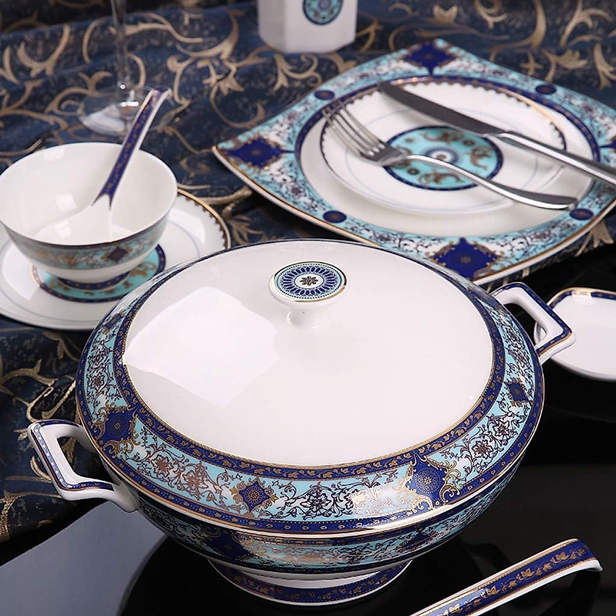 Porcelain Plate and Bowl Set, Ceramics Dinnerware Set with 55 Pieces,Bowl/Dish/Soup Pot/Spoon|Dinner Sets,Blues Garden Pattern Porcelain Combination Set