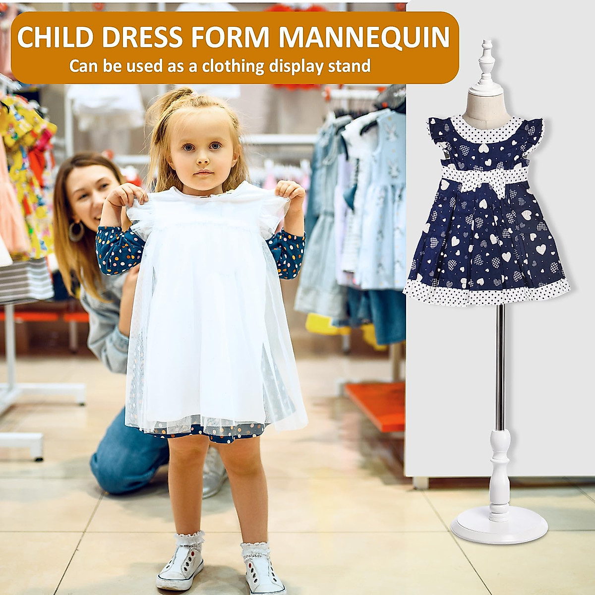 Geetery 2 Pcs Child Kids Dress Form Mannequin 2-3 Years Old Adjustable Toddler Clothes Mannequins Child Display Body Bust Forms with Wooden Base for Sewing Window Counter Display , White