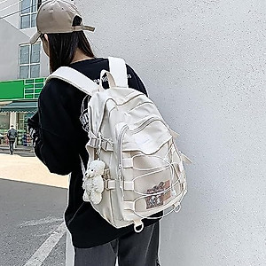 JIESIHAO Aesthetic Laptop Backpack Lightweight High-Capacity Nylon Travel Daypack for Women Cute Kawaii College Backpack with Bear Pendant (A01-Beige-bear Pendant)