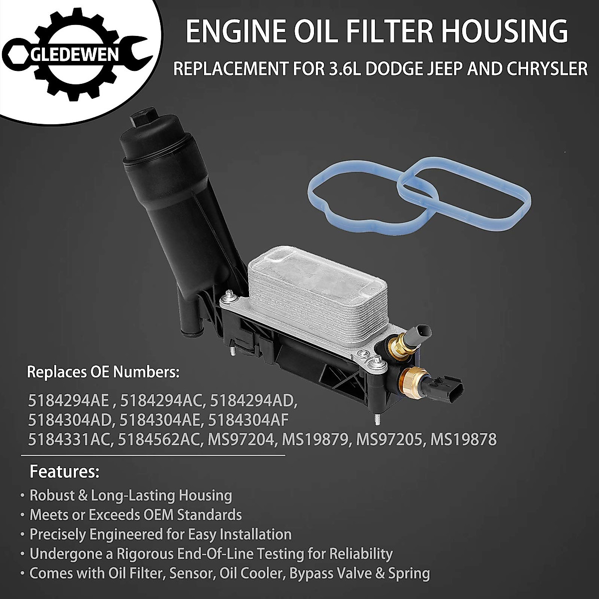 Engine Oil Cooler Oil Filter Housing Adapter Assembly | for 2011-2013 Dodge Jeep Chrysler 3.6L V6 Engine | Replaces# 5184294AE, 5184294AC, 5184294AD, 5184304AD, 5184304AE, 5184304AF