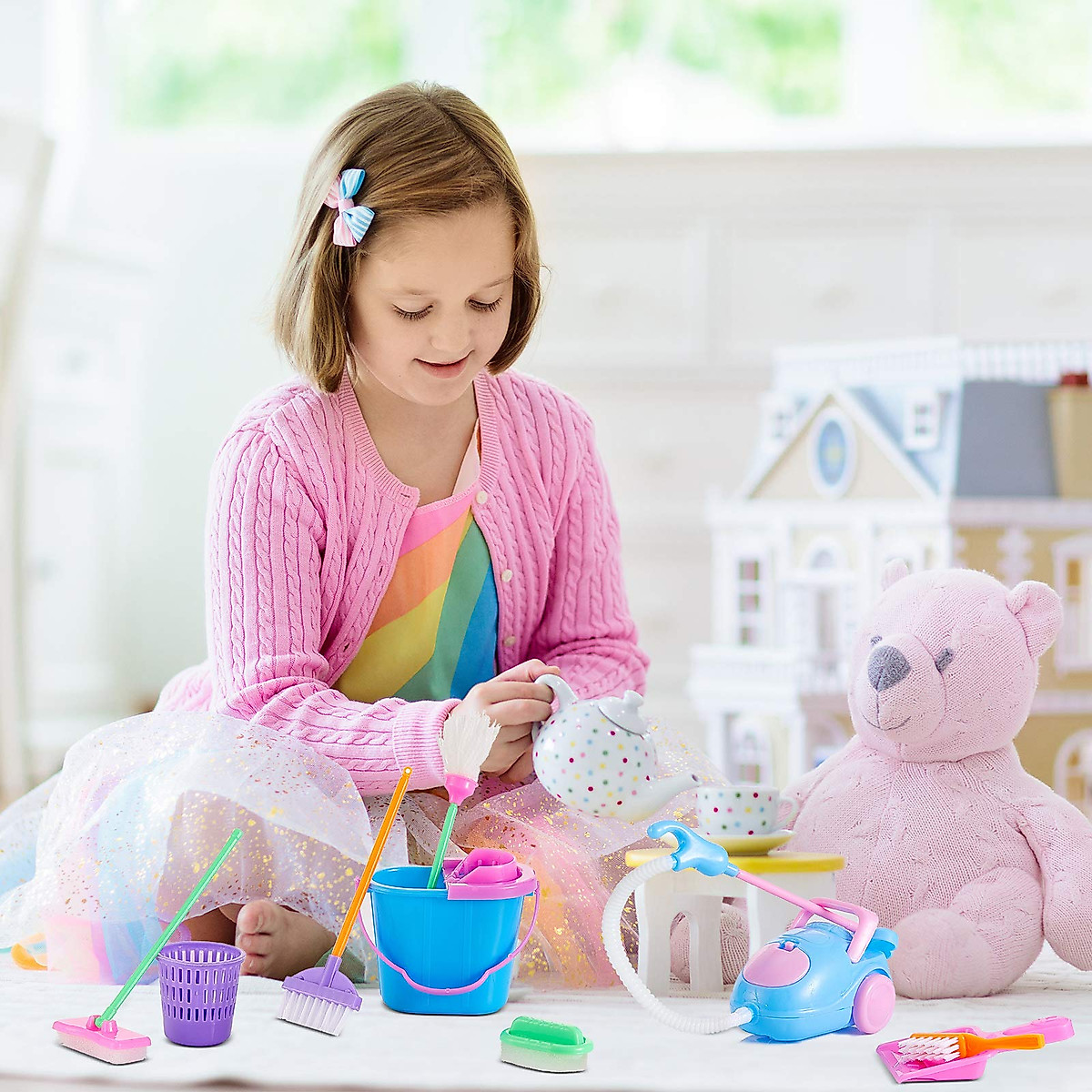 18 Pieces Dollhouse Cleaning Supplies Mini Cleaning Toys Miniature Mop Dustpan Bucket Brush Mini Cleaning Tools Pretend Play Dollhouse Furniture Garden Accessories Toys for Dolls