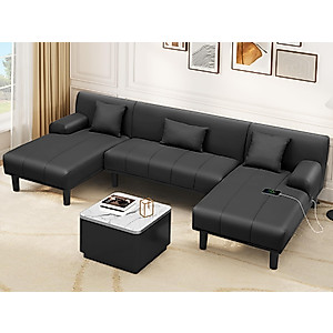 YITAHOME Sectional Couches for Living Room, U Shaped Sofa Faux Leather Modern Couch with USB & Type C Charging Ports Double Chaise and Comfy Upholstered, Black