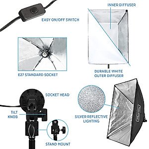 Fovitec 2-Light Fluorescent Studio Lighting Kit, 20"x28" Quick Setup Softboxes, 650W Continuous Light and Stands for Portraits, Product Photos, Vlogging, Video Conferencing, and Live Streaming