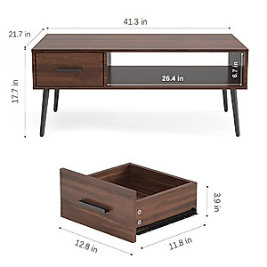 HAIOOU Coffee Table, Mid Century Modern Style Cocktail Table TV Stand with Drawer, Open Storage Shelf, Stable Floor-Anti-Scratching Pine Leg for Home, Office, Living Room