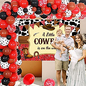 Western Cowboy Baby Shower Decorations for Boy, Red and Black Balloon Garland Arch Kit, A Little Cowboy Is on The Way Backdrop for Wild West Baby Shower Decorations