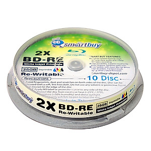 50 Pack Smartbuy 2X 25GB Blue Blu-ray BD-RE Rewritable White Inkjet Hub Printable Blank Bluray Disc