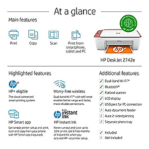 HP DeskJet 2742 Series All-in-One Color Inkjet Printer I Print Copy Scan I Wireless USB Connectivity I Mobile Printing I Up to 4800 x 1200 DPI Up to 7 ISO PPM I Cinnamon + Printer Cable