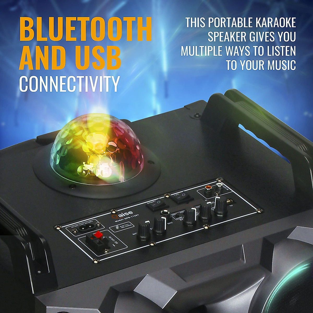 Portable Bluetooth Party Speaker and Karaoke Machine with 2 Wireless Mics, Disco Ball, LED Lights, Handle and Wheels, FM Radio. Loud Party Sound System, Rechargeable Tailgate PA Speaker