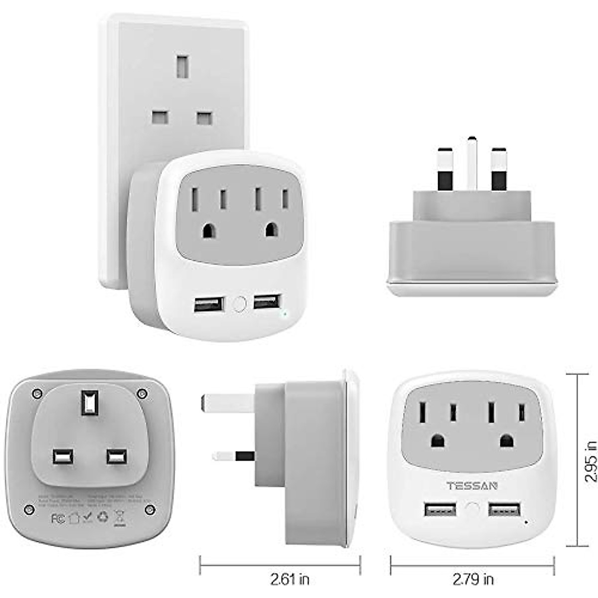 UK Ireland Travel Plug Adapter, TESSAN Type G Power Adaptor with 2 USB Charger Ports 2 American Outlets, US to Scotland London England British Irish Kenya Dubai Qatar Plug Converter