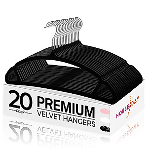 HOUSE DAY Black Velvet Hangers 20 Pack, Luxury Felt Hangers Non Slip Clothes Hangers, Space Saving Black Hanger Heavy Duty Coat Hanger, No Shoulder Bump Focked Hanger with 360° Swivel Hook for Closet