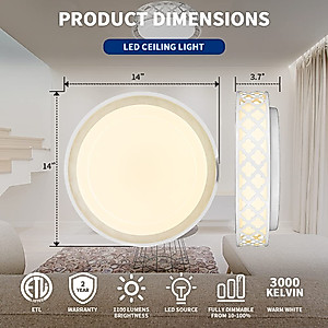 VICNIE Flush Mount LED Ceiling Light Fixture, 14inch 20W 1400 Lumens Ceiling Lamp, Dimmable 3000K Warm White, White Finish, ETL Listed for Kitchen, Hallway, Bedroom, Laundry
