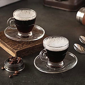 GURUDAR Espresso Cups with Saucers and Spoons Set of 6, Glass Demitasse Cups for Cappuccino Latte Café Mocha Tea and More Beverage, 3.2OZ/95ML, Clear