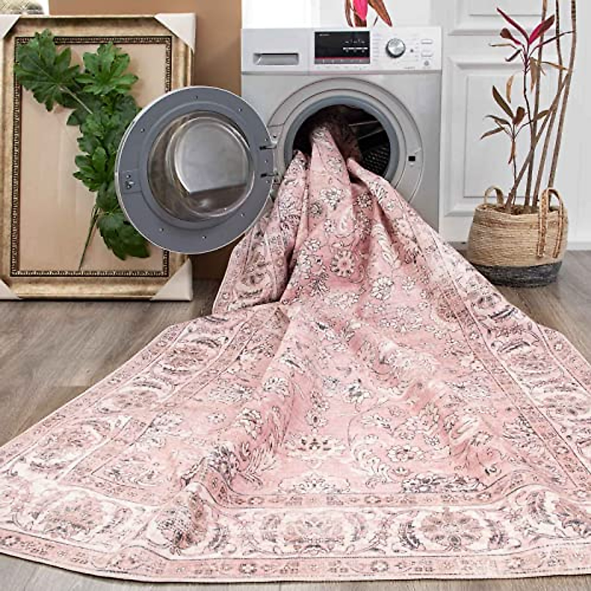 Fashriend Doria Machine Washable Area Rug 3'6''×5'6'' Non-Slip Foldable for Living Room Bedoom Kitchen Boho Bohemian Vintage Persian Pink