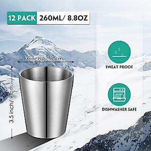 12 Pieces Stainless Steel Cups Double Wall Tumbler Glasses Stackable Glasses Metal Drinking Cups Insulated Drinking Glasses Reusable Silver Camping Mugs for Home Camping RV BBQ Office Party (8.8 Oz)