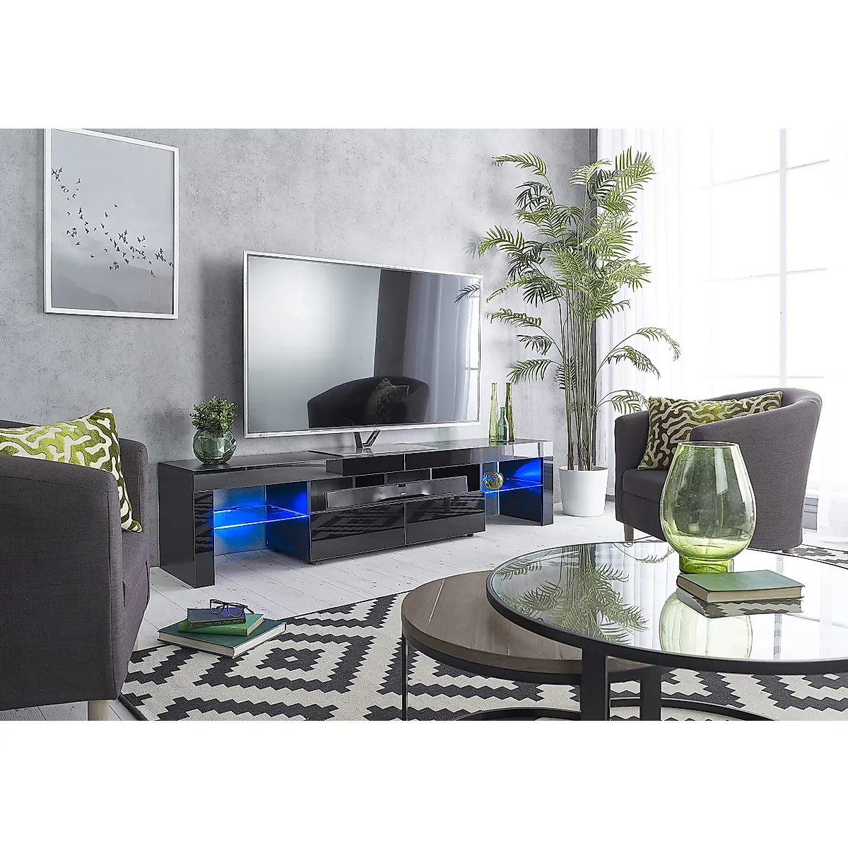 MMT Furniture Designs Ltd TV Console, TV Stand Cabinet 78" Long for 55 65 75 90 inch TV Screens – Entertainment Centre Desk with Lights - Media Shelf – Black