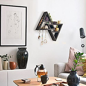 Sysnocon Triangle Crystal Shelf Display with Hooks, Moon Shelf for Witchy Room Decor Triangle Shelf for Crystal Stones Display, Crystal Holder Crystal Organizer Shelf for Living Room, Bed Room
