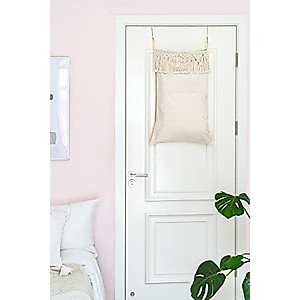 Mkono Macrame Hanging Laundry Hamper with Over The Door Hooks Saving Space Laundry Bag with Zipper and Wide Open Top Boho Decor Hanging Dorm Dirty Clothes Hamper, for Bathroom Home Travel
