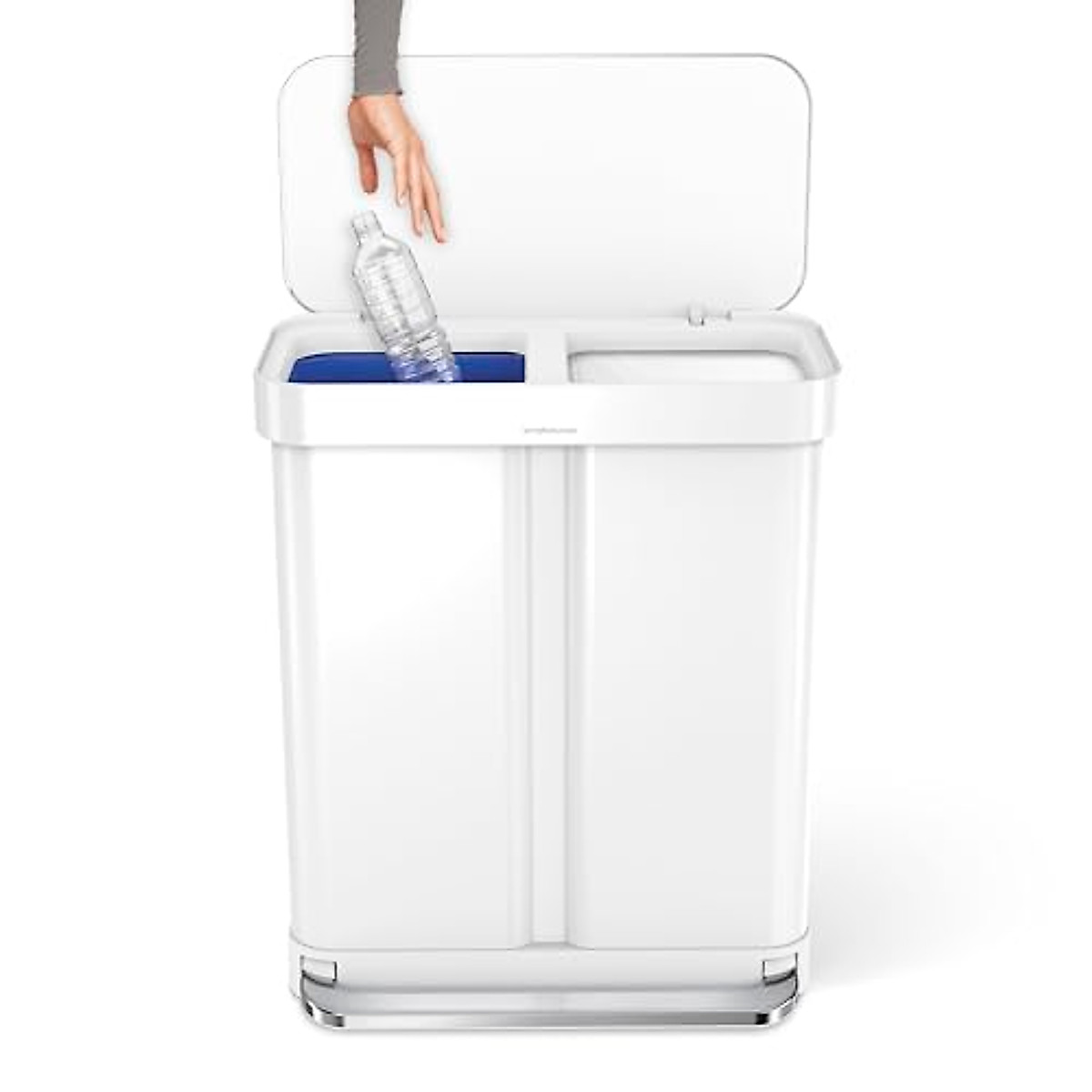 simplehuman Large Kitchen Double Trash Can with Lid, Touchless, Recycle Bin + Waste Basket, 58 Liter / 15.3 Gallon, White Stainless Steel