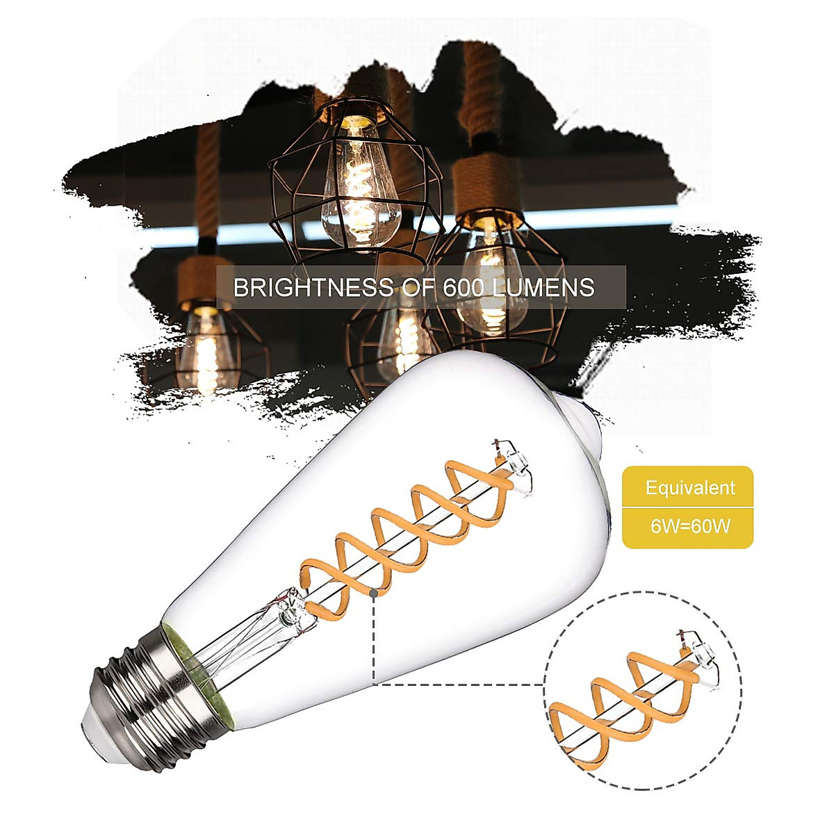 MYEMITTING Dimmable ST58 LED Edison Bulbs, 6W Equivalent to 60W Vintage Light Bulbs, E26 Base 2700K ST58/ST19 LED Bulbs, Antique Flexible Spiral LED Filament Light Bulbs - Clear Glass 6Pack