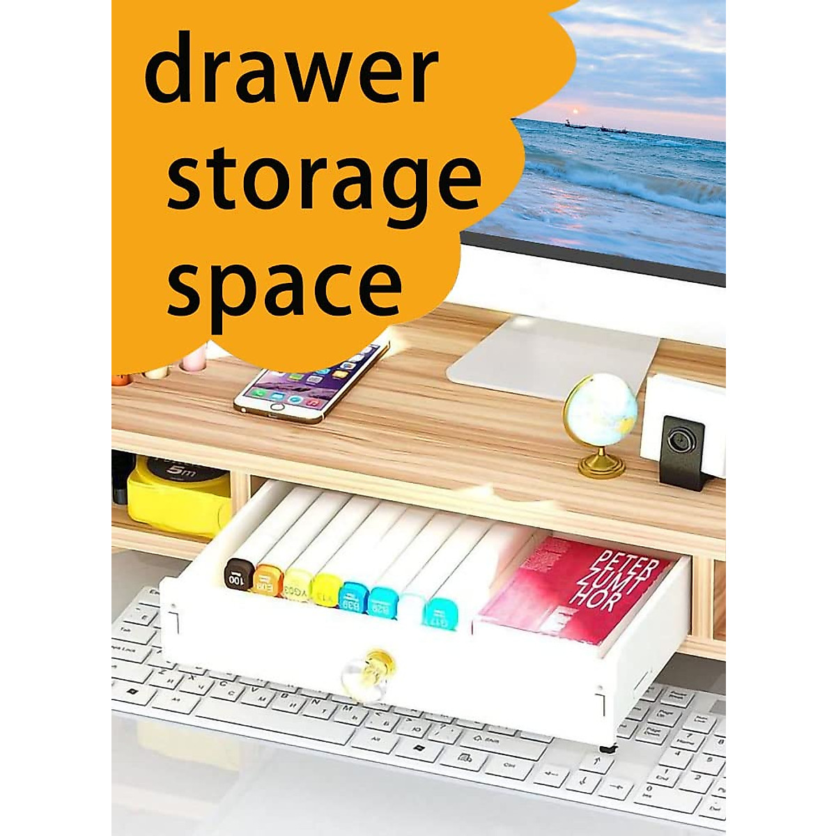 KUAIYU Triangle Monitor Riser,Cut Triangular Computer Monitor Desktop Corner Stand,Desktop Corner Shelf With Drawers Wooden Computer Stand With Storage Laptop Risers Office Organization.