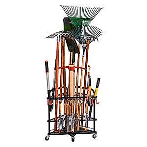 PLKOW Garden Tool Organizer with Wheels and Storage Hooks, Rolling Corner Tool Storage Rack for Garden, Shed, Garage, Powder Coated Steel, Black