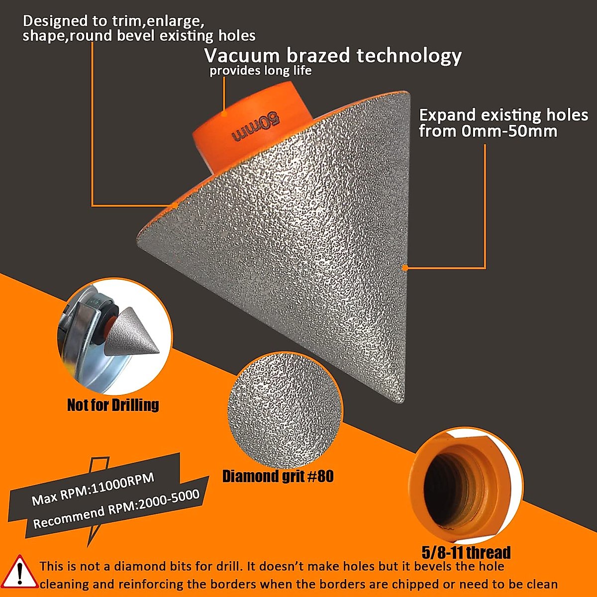 3Pcs 2" Diamond Beveling Chamfer Bits Tile Cone with 5/8-11 Thread Adapter 1" Diamond Finger Milling Bits for Existing Holes Enlarging Trimming in Tile Marble Porcelain Granite Ceramic