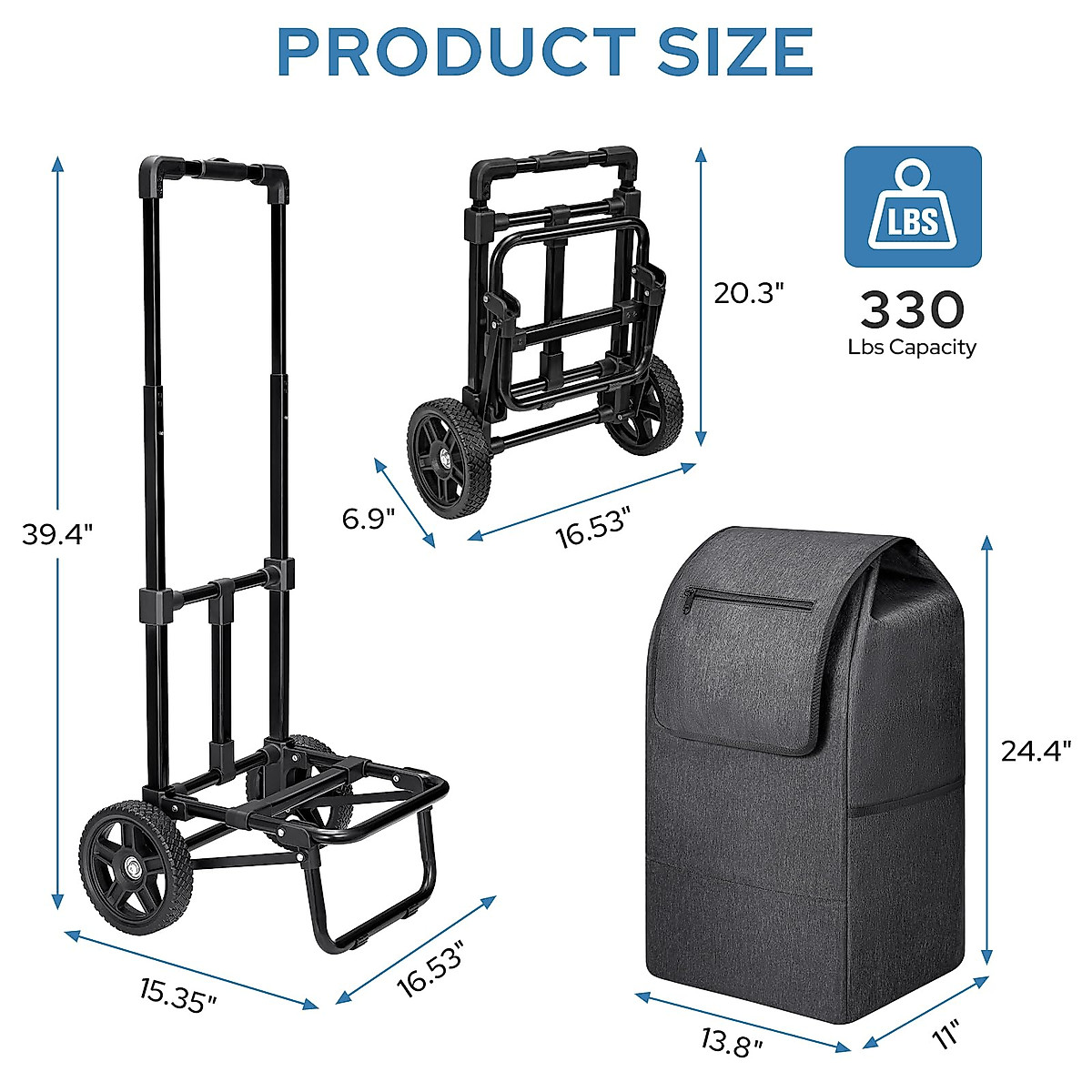 KEDSUM 2 in 1 Shopping Cart for Groceries, 330 lbs Luggage Cart, Portable Utility Shopping Cart with Wheels, Heavy Duty Grocery Cart, Dolly with a Black Removable Waterproof Bag for Moving, Camping
