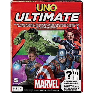 Mattel Games UNO Ultimate Marvel Card Game with 4 Character Decks, 4 Collectible Foil Cards & Special Rules, 2-4 Players, 2nd Edition