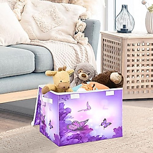 DIGTIA Storage Bins with Lids Butterfly Hydrangeas Purple Foldable Storage Boxes with Handles Spring Large Storage Basket Collapsible Organizer Containers for Closet Home Bedroom Office