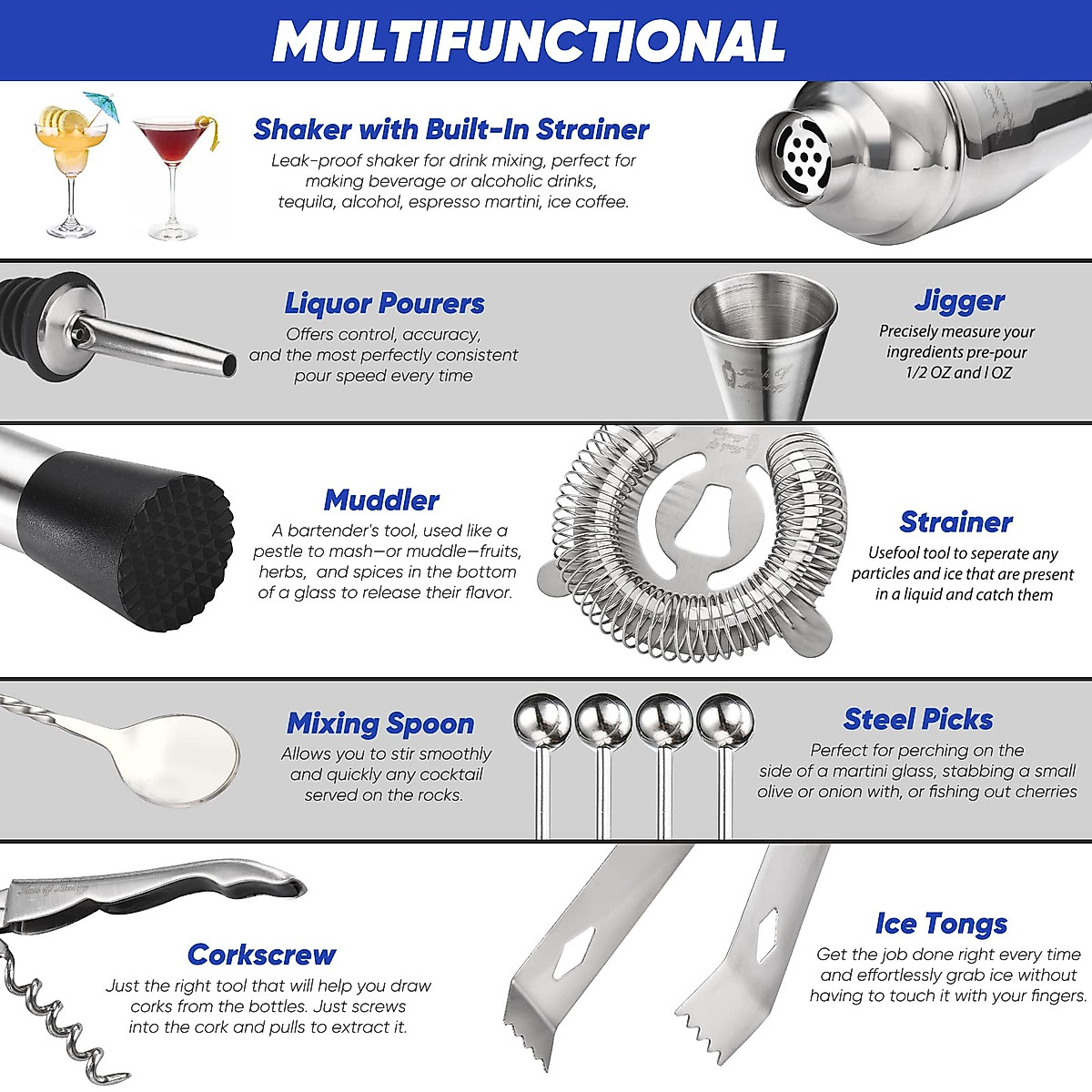 Touch of Mixology Bartender Kit - Bar Set Cocktail Shaker Set - Cocktail Kit Set - Bartending Kit - Bar Essentials for Home Bar Cart Accessories - Perfect Housewarming Gift 14 PC