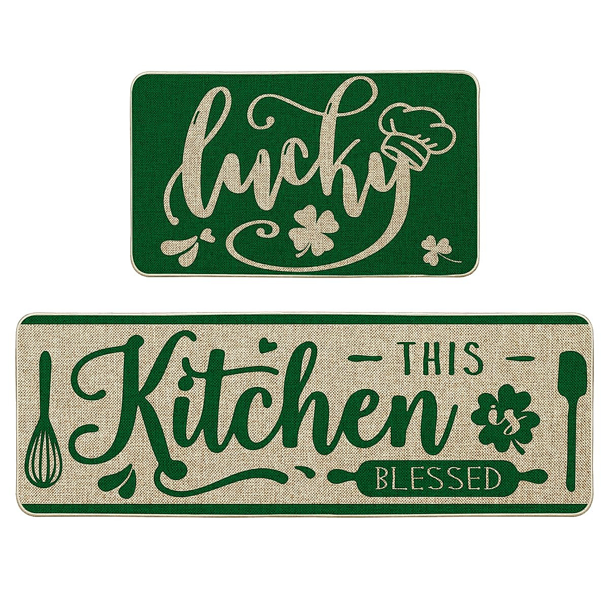 Artoid Mode This Kitchen is Blessed Luck Clover Shamrock Decorative Kitchen Mats Set of 2, Home Party Home Kitchen Rugs - 17x29 and 17x47 Inch
