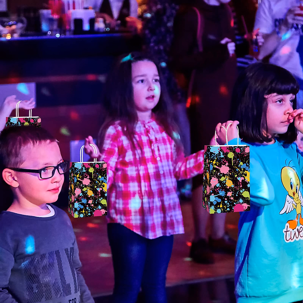 chiazllta 12 Pieces Neon Gift Bags Glow in the Dark Party Goodie Bags with Handle Paint Splatter Gift Bags for Treat Candy Neon Party Favors for Birthday Supplies Decor