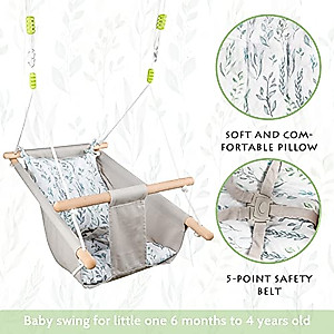 Baby Swing Hammock Infant Wooden Swing with Soft Cushion, Indoor & Outdoor Toddler Secure Hanging Swing Chair for Playground, Tree or Backyard, Green Leaf