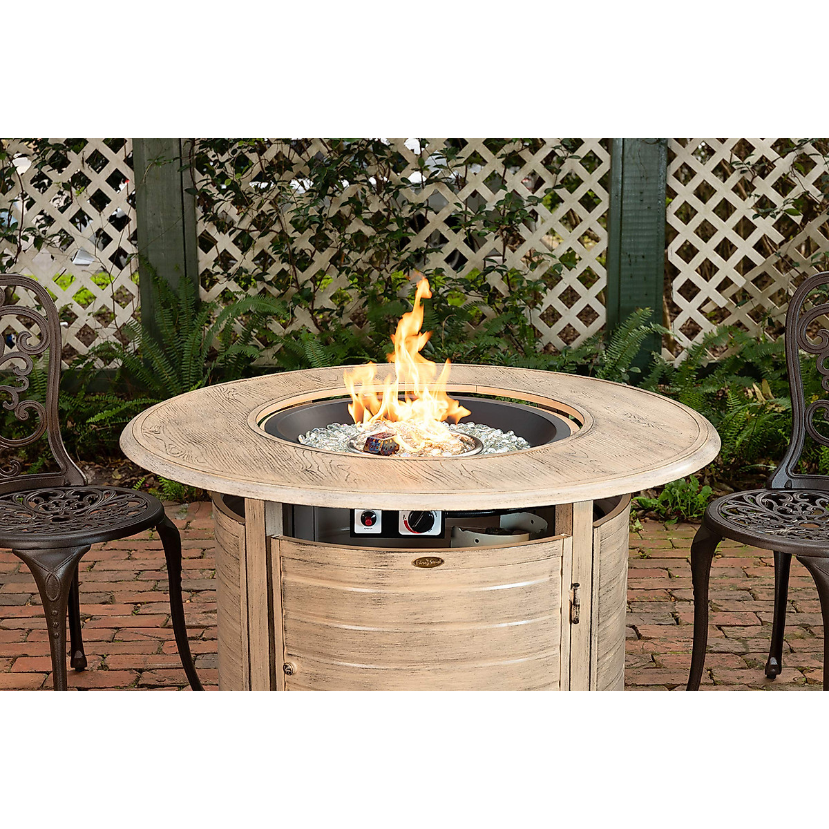Fire Sense 62739 Thatcher Woodgrain Aluminum Convertible Gas Fire Pit Table 55,000 BTU Outdoor Portable with Fire Bowl Lid, Nylon Weather Cover & Clear Fire Glass - Driftwood Finish - Round - 42"