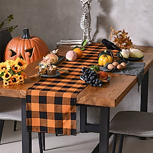 Tosewever Halloween Buffalo Check Plaid Table Runner, Cotton Polyester Blend Classic Family Dinner Table Runners for Indoor Outdoor Parties Events Home Decoration (Orange and Black, 14 x 72 Inch)
