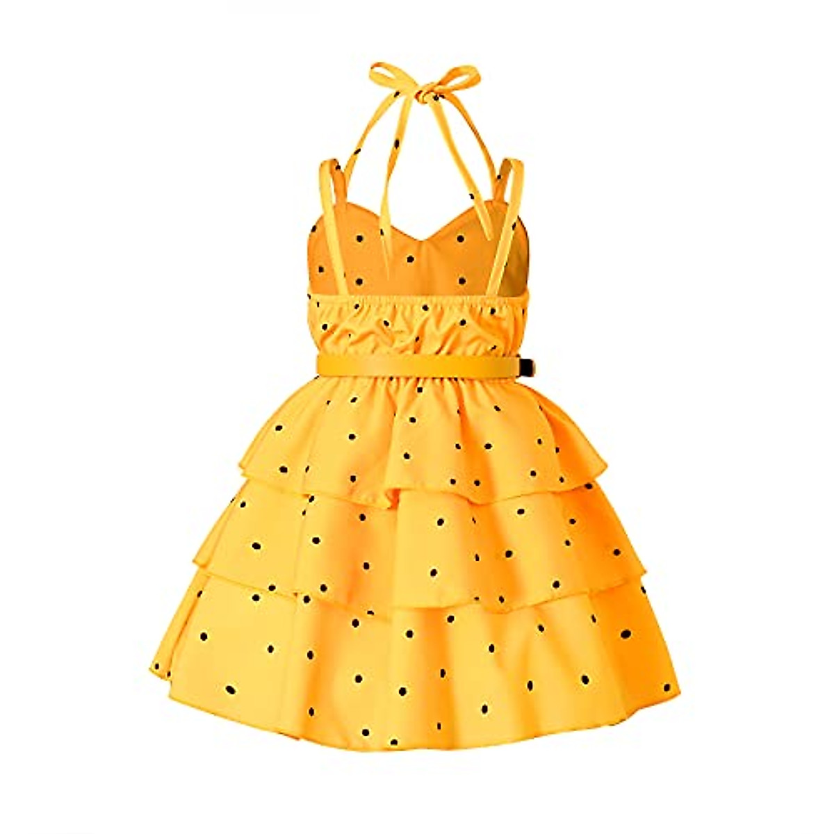 Toddler Girls Dress Halter Dots 3-Layer Pleated Party Dress Chiffon One-Piece A-line Dress with Belt and Headband Summer Outfits (Yellow dots Girls Dress, 4_Years)