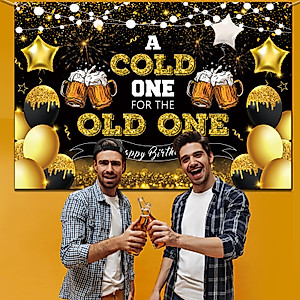Beer Party Decorations,Black and Gold Happy Birthday Backdrop for Men A Cold One for The Old One Photography Background Banner for 30th 40th 50th Birthday Cheers and Beers Party Supplies