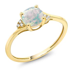 Gem Stone King 10K Yellow Gold Cabochon White Simulated Opal and Diamond Accent Women's Engagement Ring (0.35 Cttw) (Size 7)