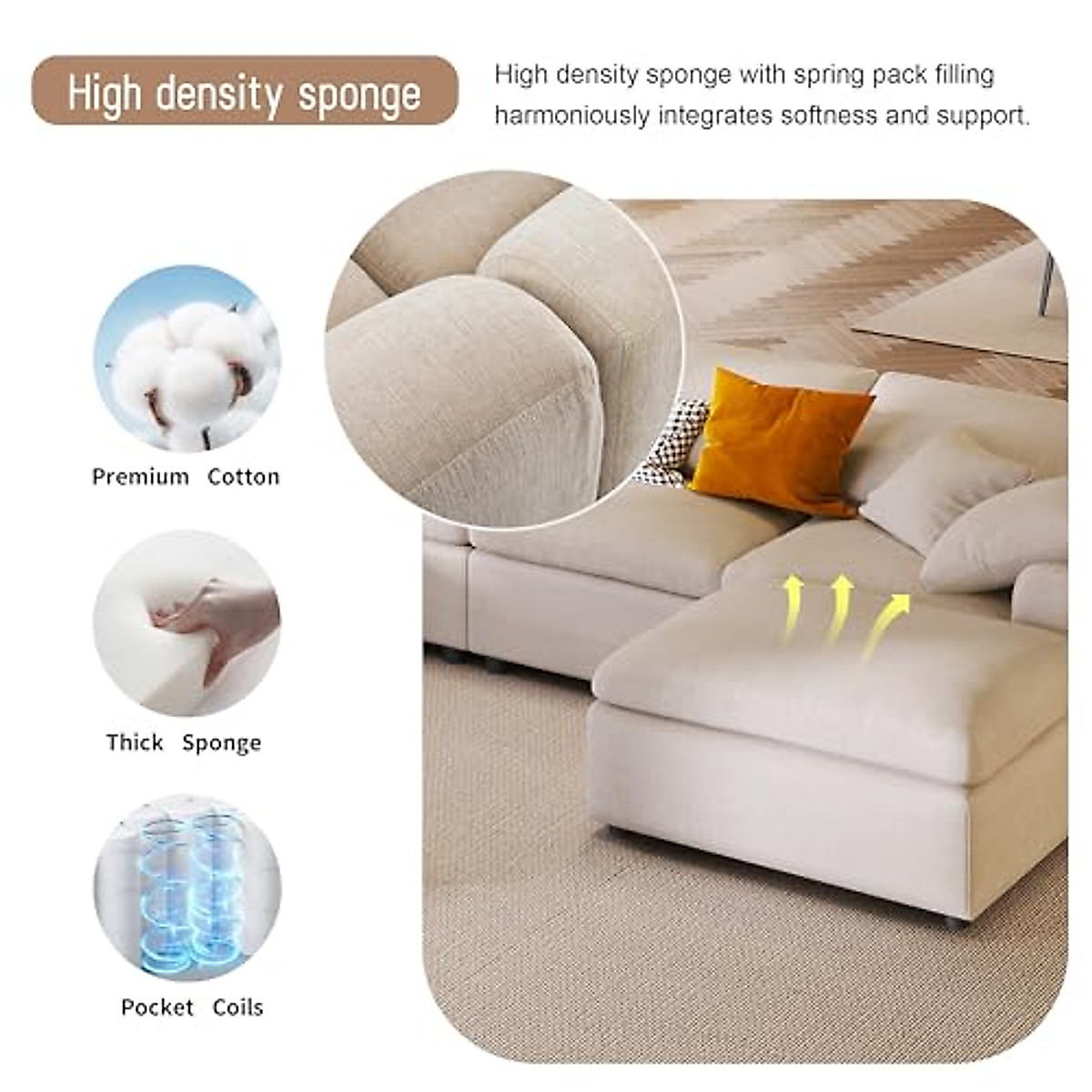 FANYE Oversized Free Combine Cushions Sectional Sofa Cum Sleep Sofabed, Deep Seat Modular Sofa&Couch W/Movable Ottoman Convertible Spacious Sleeper Couch Bed for Living Room, Down Stairs