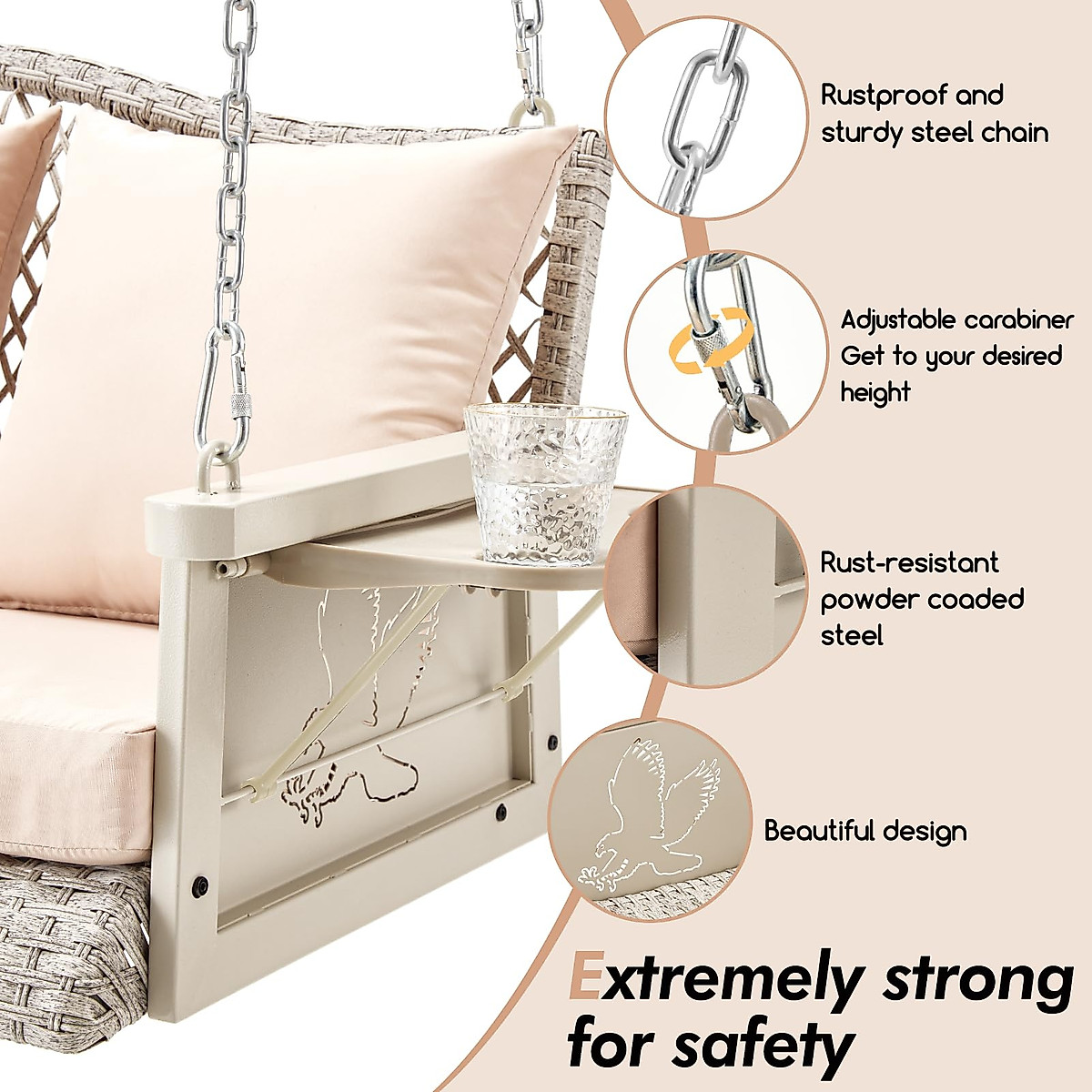 ZZW Upgraded Wicker Hanging Porch Swing Heavy Duty 900 LBS 3-Seat Outdoor Patio Swing Chair Bench for Adult w/ 8.9ft Hanging Chains Cushions and Cup Holder