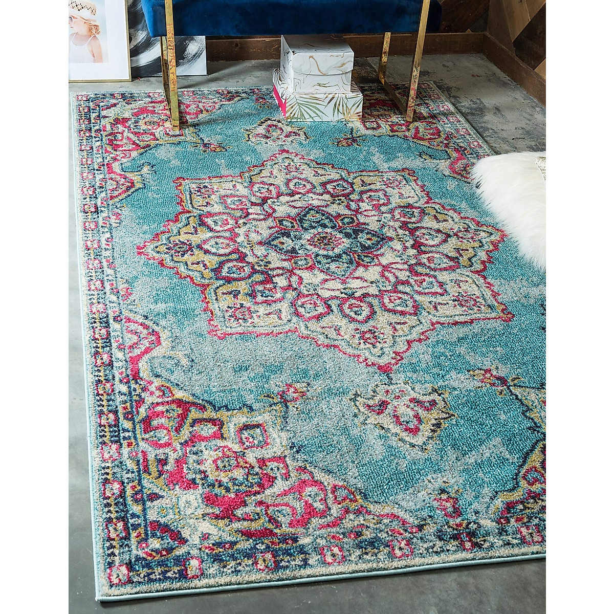 Rugs.com Fleur Collection Rug – 3' x 5' Light Blue Medium-Pile Rug Perfect for Entryways, Kitchens, Breakfast Nooks, Accent Pieces