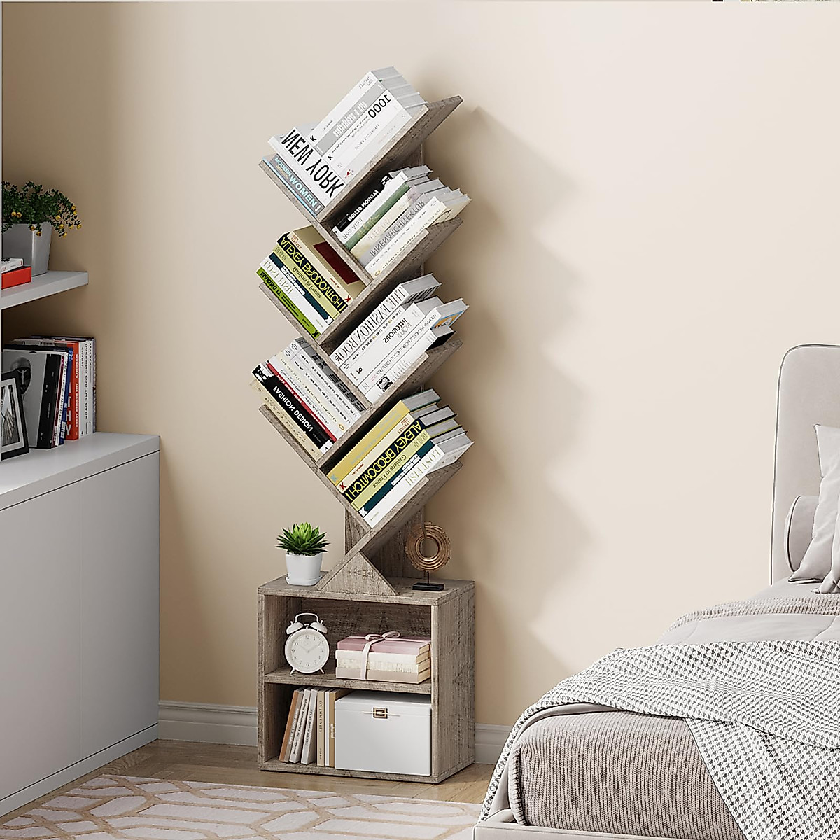Vagusicc 6 Tier Tree Bookshelf, Modern Floor Standing Bookcase with Storage Drawer, Space Saving Storage Organizer Book Shelves for Books, Tall Wood Storage Rack for Bedroom/Living Room/Home Office