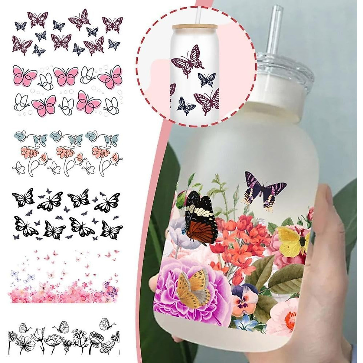 Pink UV DTF Cup Wrap, 1/7Sheets Flower Butterfly Coffee Cup Rub on Transfers for Glass Cups, UV DTF Cup Wrap Transfer Stickers Decals Waterproof Rub on Transfers for Glass Cups Crafts Vintage Iron-on