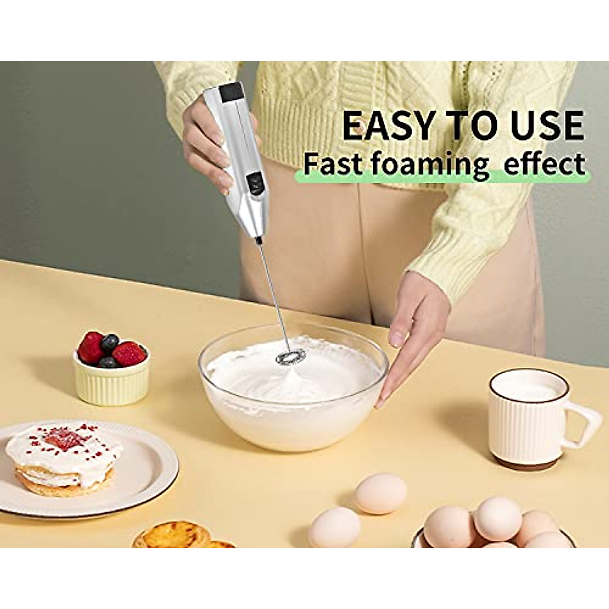 YHT Milk Frother Handheld, Electric Battery Operated Coffee Whisk, Stainless Steel Drink Frappe Mixer, Original Foam Maker, Mini Low Noise Blender for Cappuccino Hot Chocolate Matcha Latte