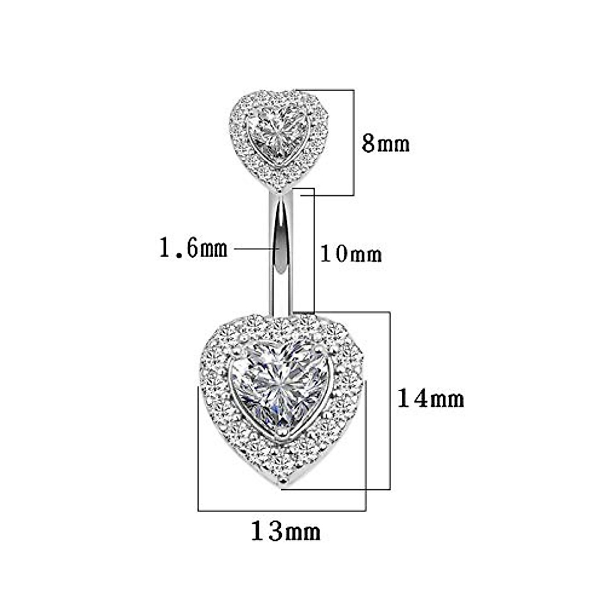 14G Double Heart Diamond Cubic Zirconia Navel Belly Button Ring Surgical Steel Piercing Jewelry (Steel)