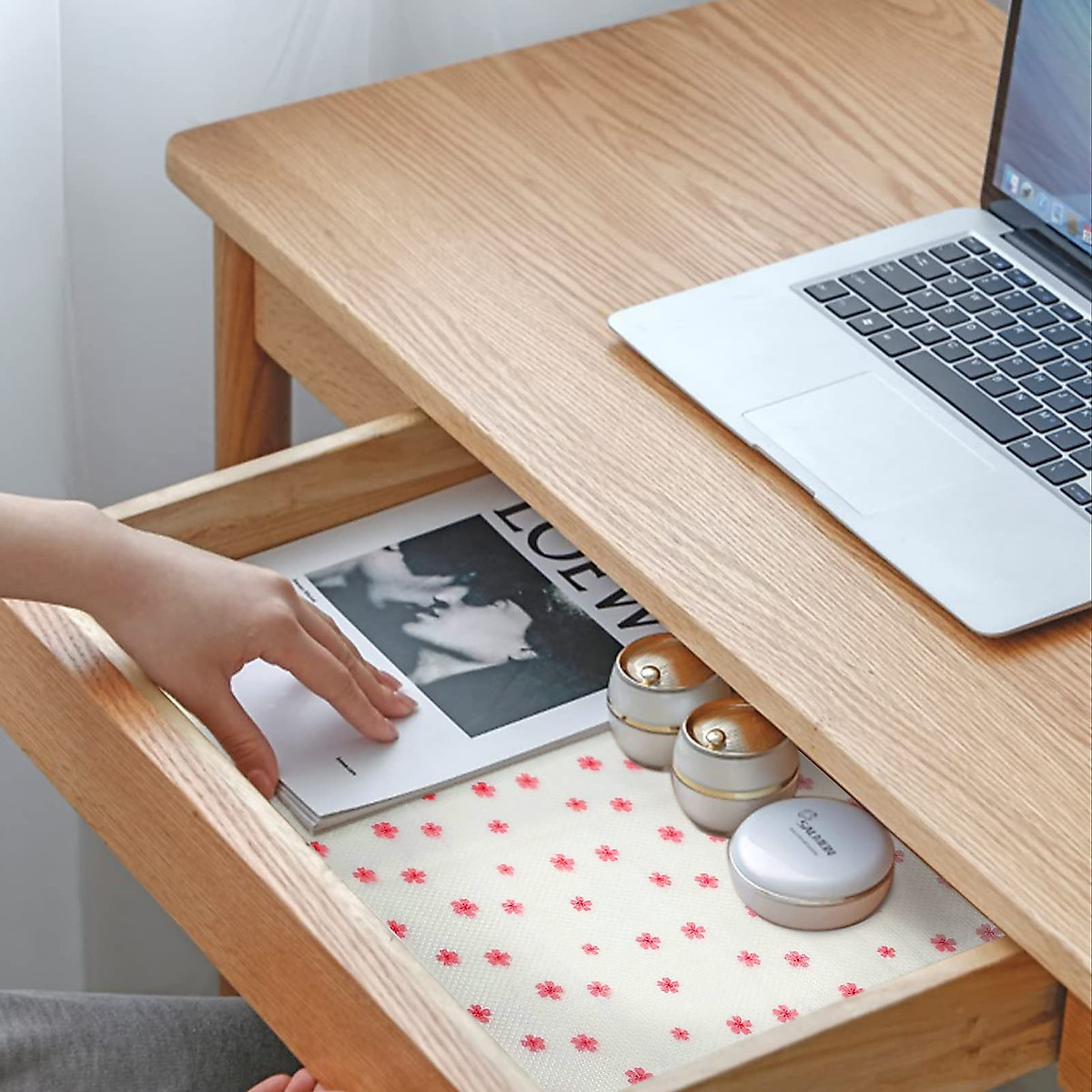 Cherry Blossom Flower Shelf Liner for Kitchen Cabinets Non-Adhesive Drawer Liner Non-Slip Refrigerator Liner Waterproof Fridge Pad Cupboard Mat Easy Placemats, 12"X59"